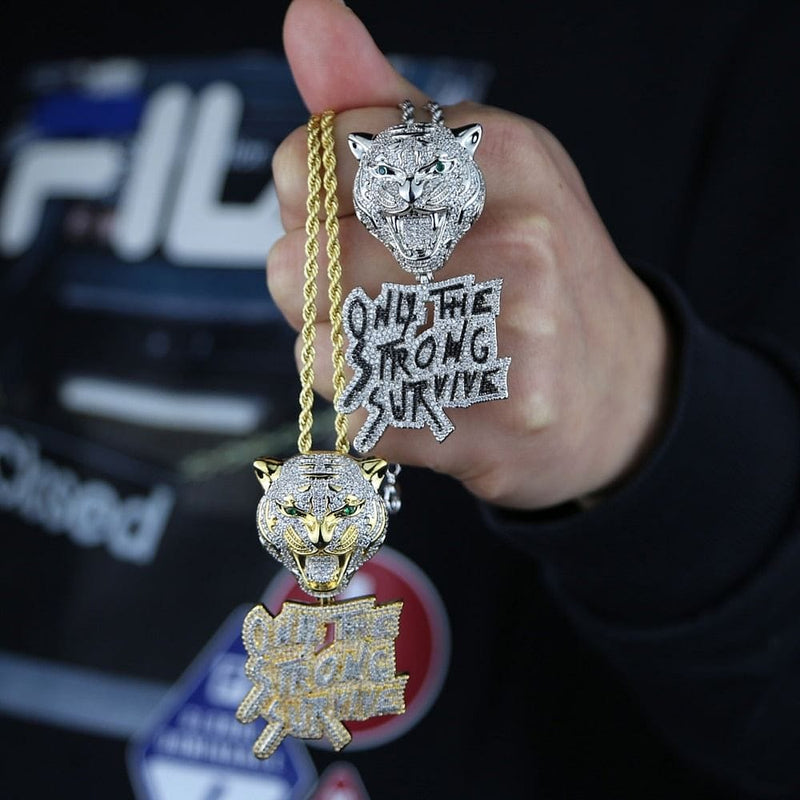 Iced Out Tiger "Only The Strong Survive" Pendentif Chaîne – VVS Jewelry